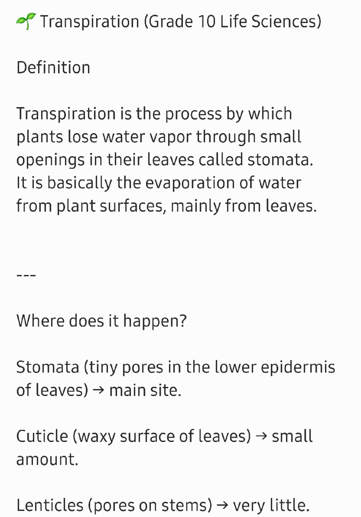 Transpiration in Plants: Grade 10 Life Sciences Overview - Studocu