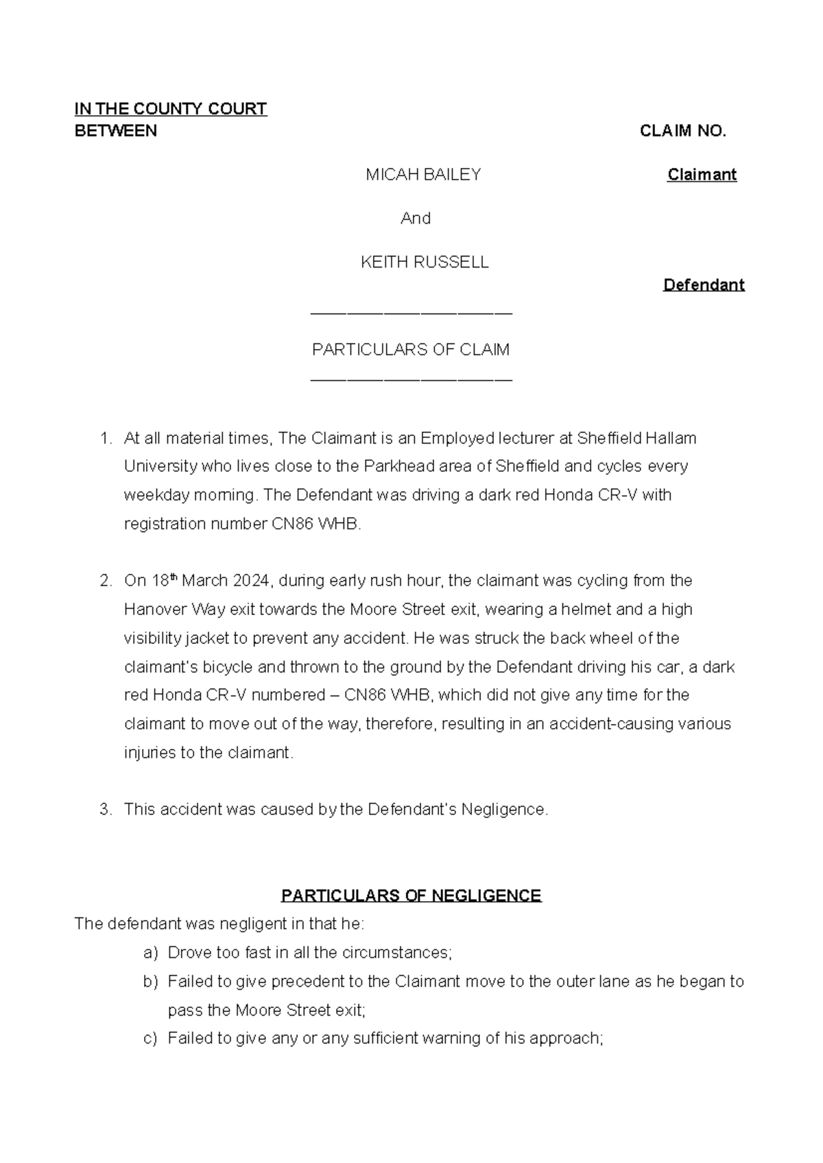 Micah Bailey - This shoulf jelklp - IN THE COUNTY COURT BETWEEN CLAIM ...