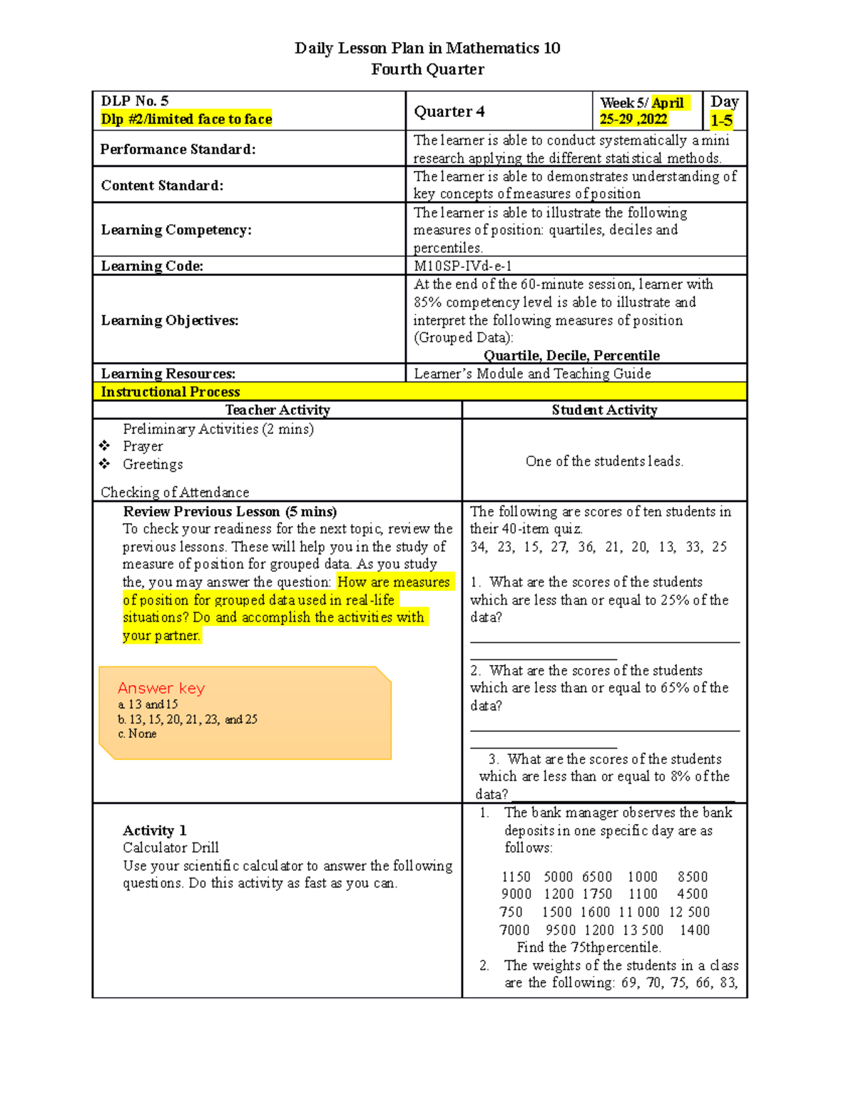Mathematics 10 DLP #2 - Performance Tasks on Measures of Position - Studocu