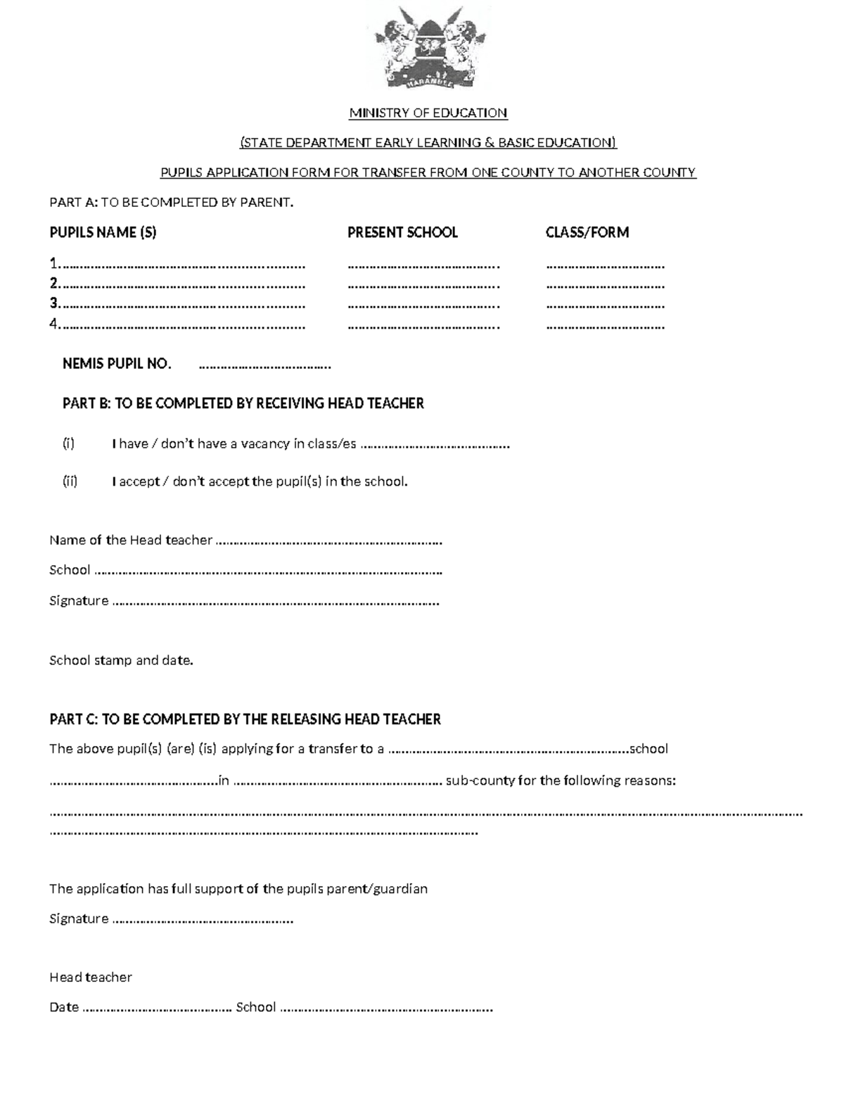 Primary School Transfer Form: Application for County Transfer - Studocu