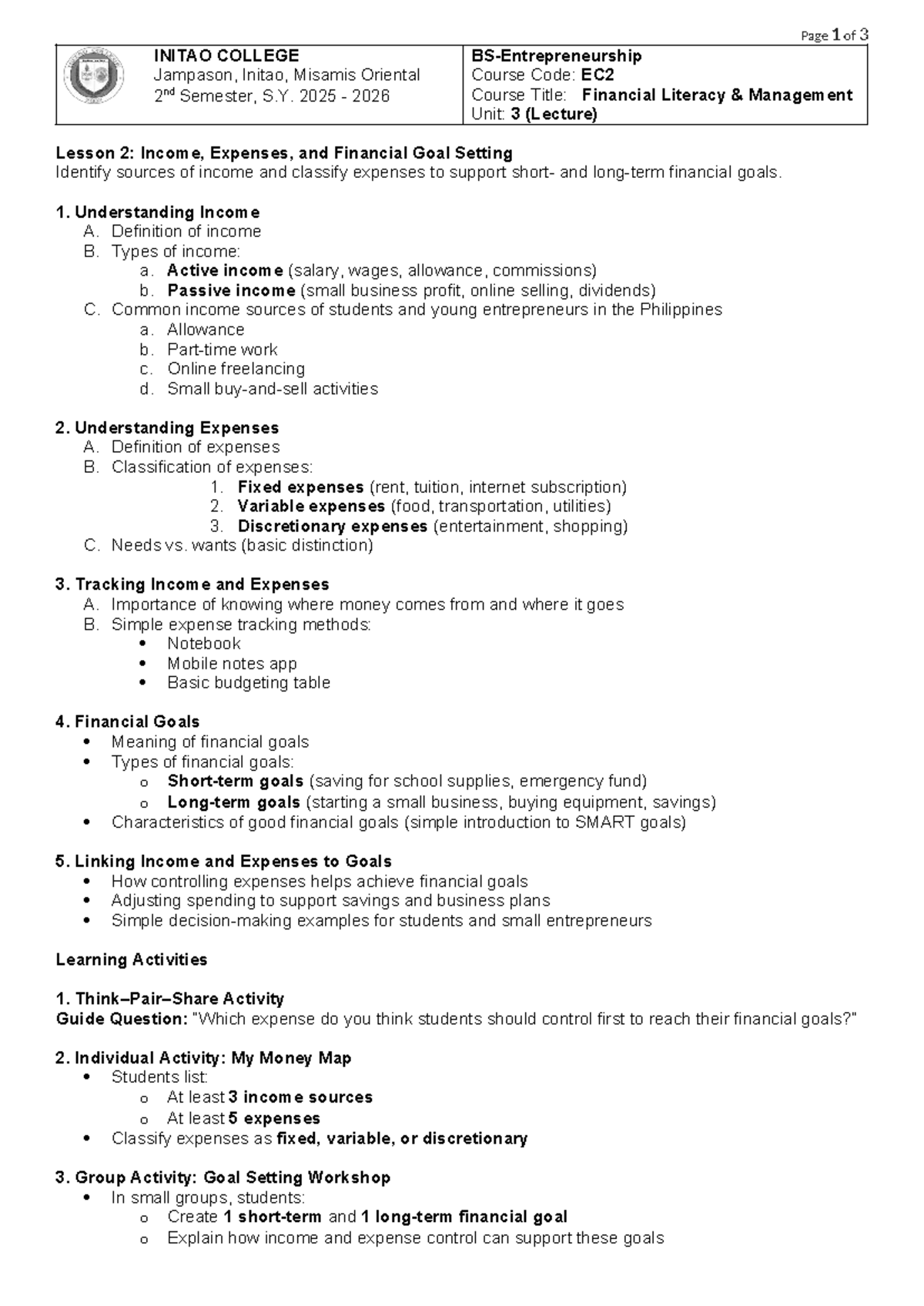 EC2 Financial Literacy Management: Income, Expenses & Goal Setting ...