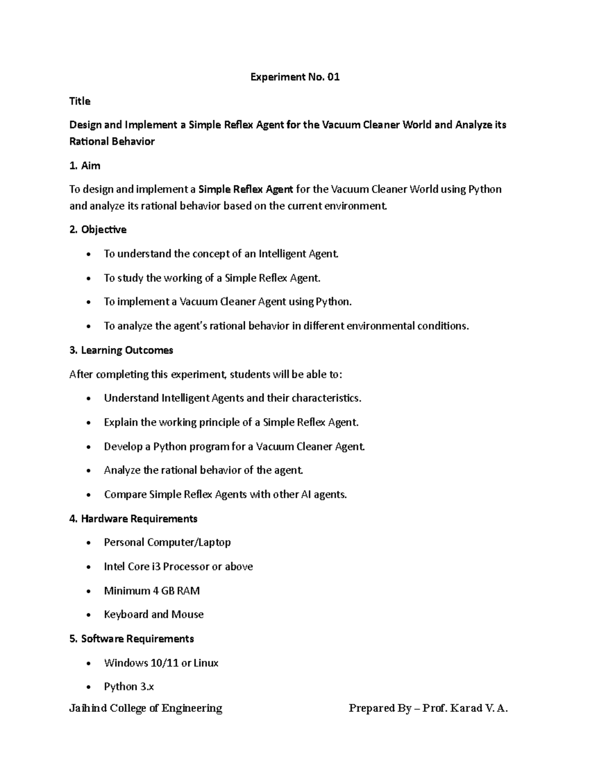 Practical No. 1: Design & Implement Simple Reflex Agent for Vacuum ...