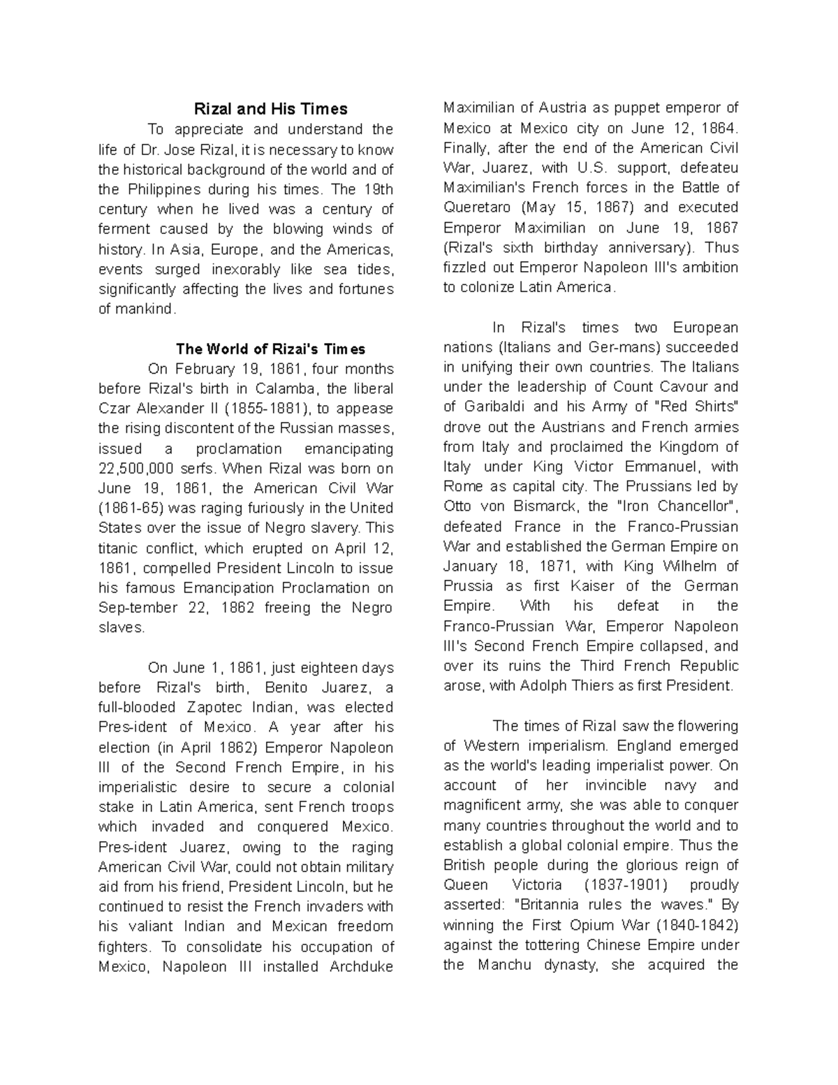 Rizal and His Times: Historical Context and Colonial Struggles in the ...