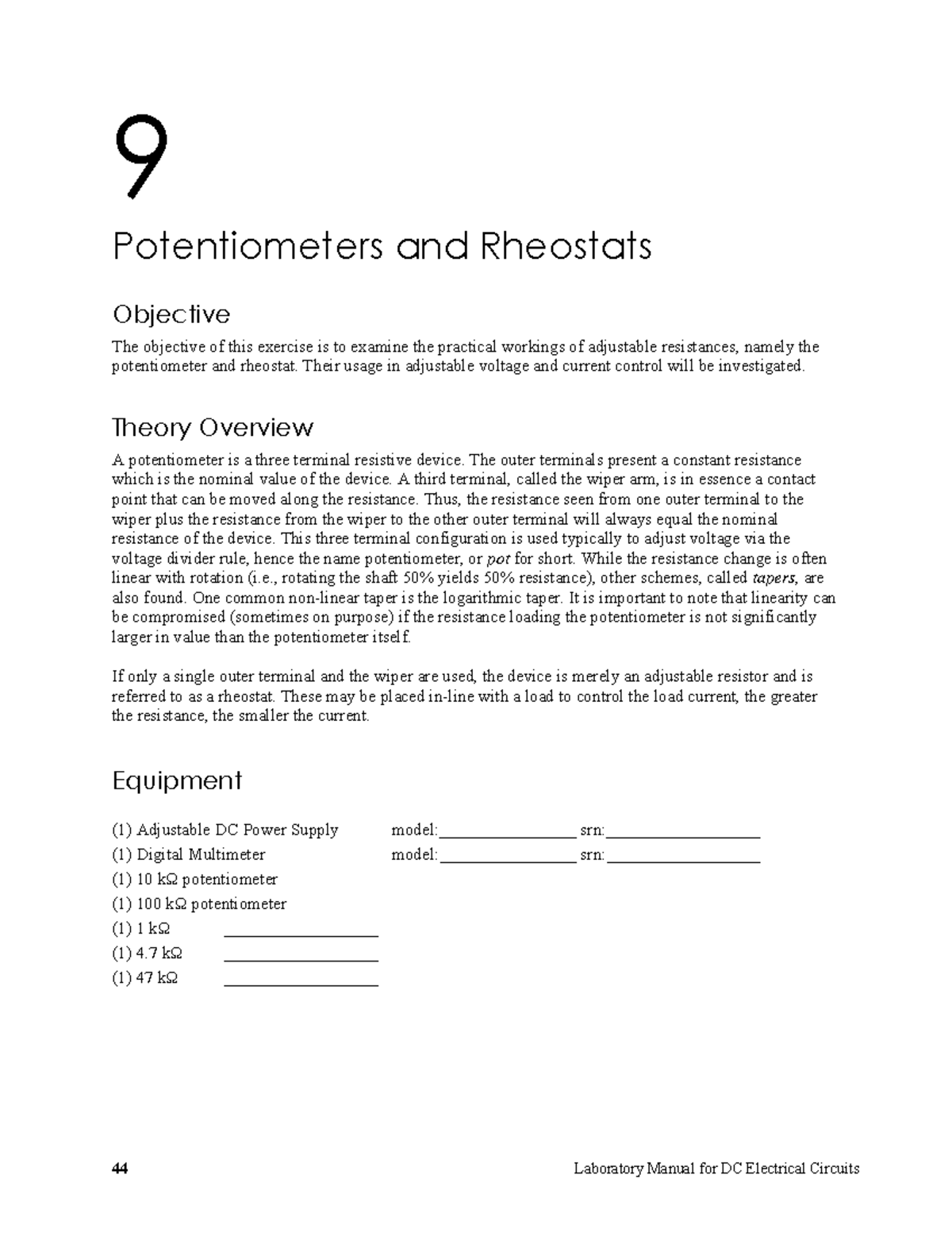 Lab 7: Potentiometers and Rheostats Practical Investigation - Studocu