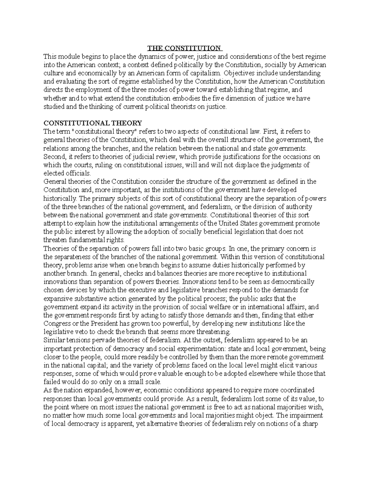 Gov chapter 4 - THE CONSTITUTION This module begins to place the ...