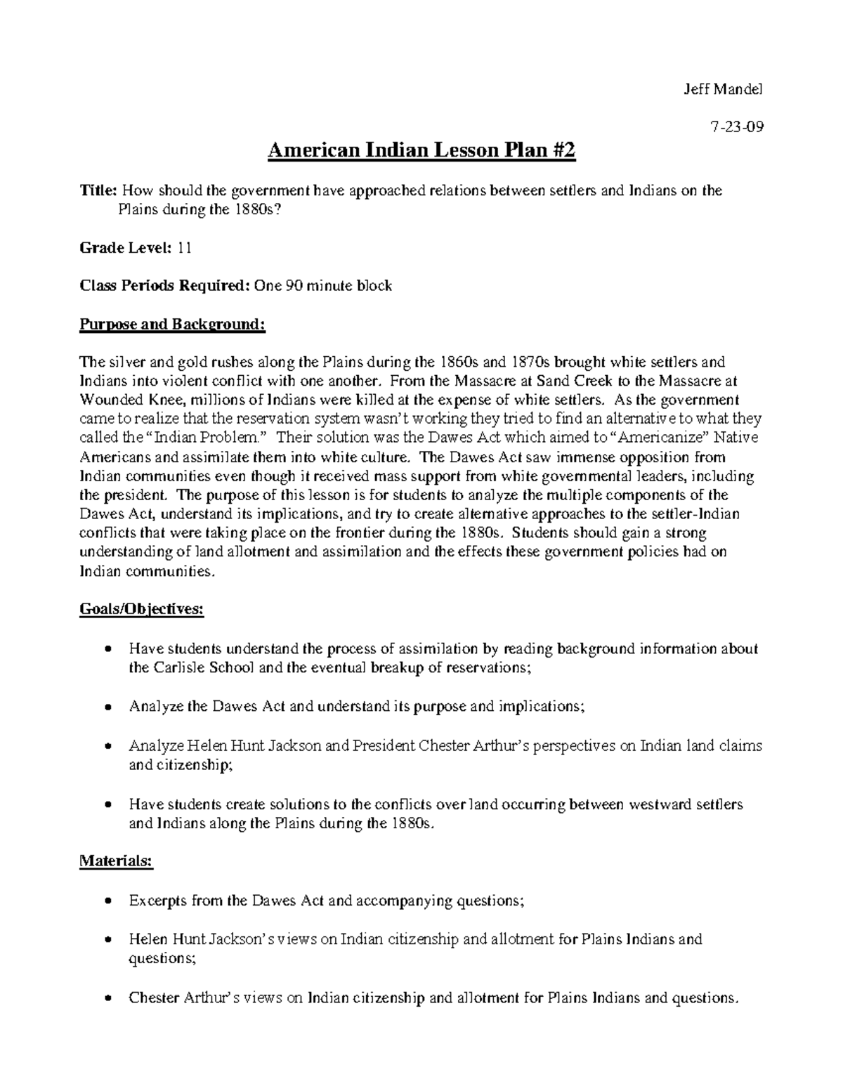 American Indian Relations: Dawes Act Lesson Plan (Grade 11) - Studocu