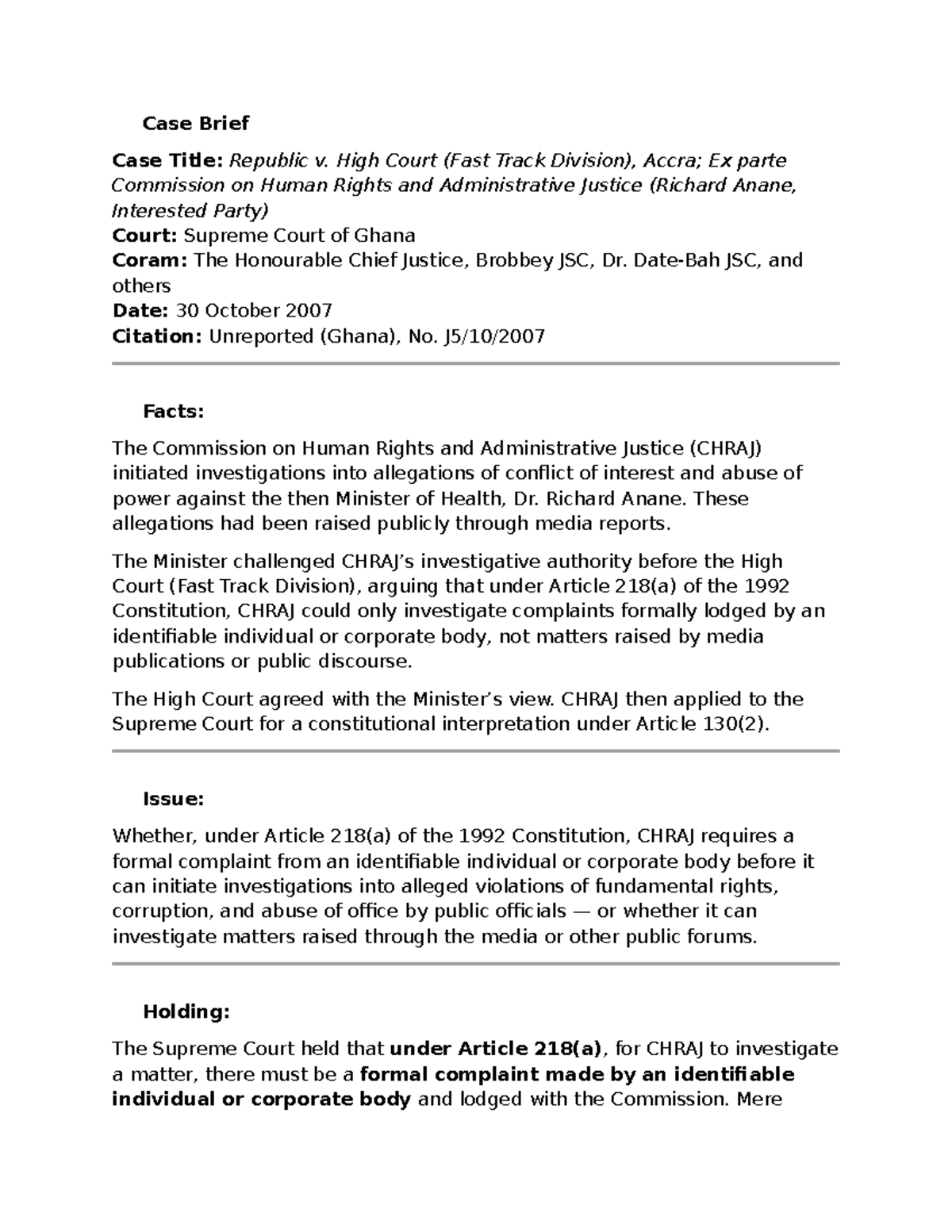Case Brief: Republic v. High Court (Fast Track Division) - CHRAJ v ...