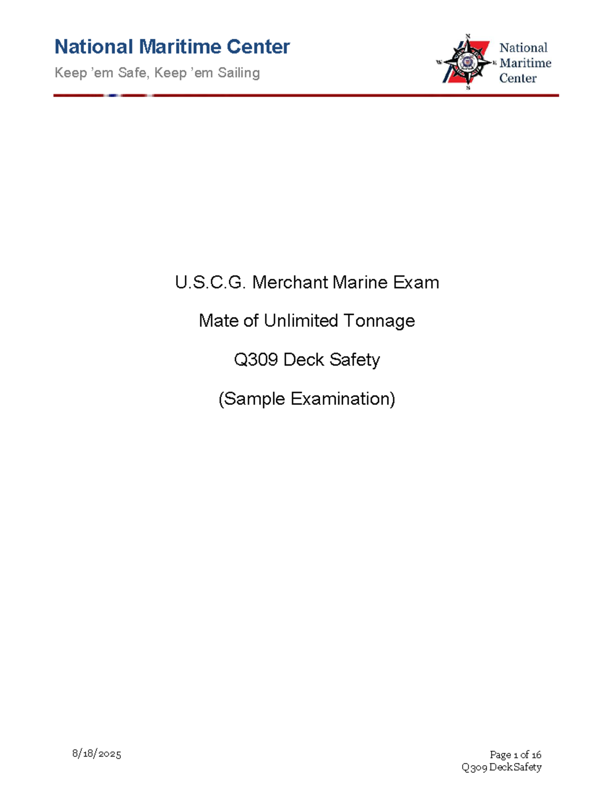 Q309 Deck Safety: U.S.C.G. Merchant Marine Exam Sample Questions - Studocu