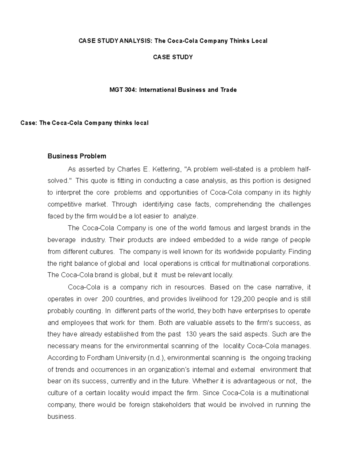 CASE Study Analysis - CASE STUDY ANALYSIS: The Coca-Cola Company Thinks ...