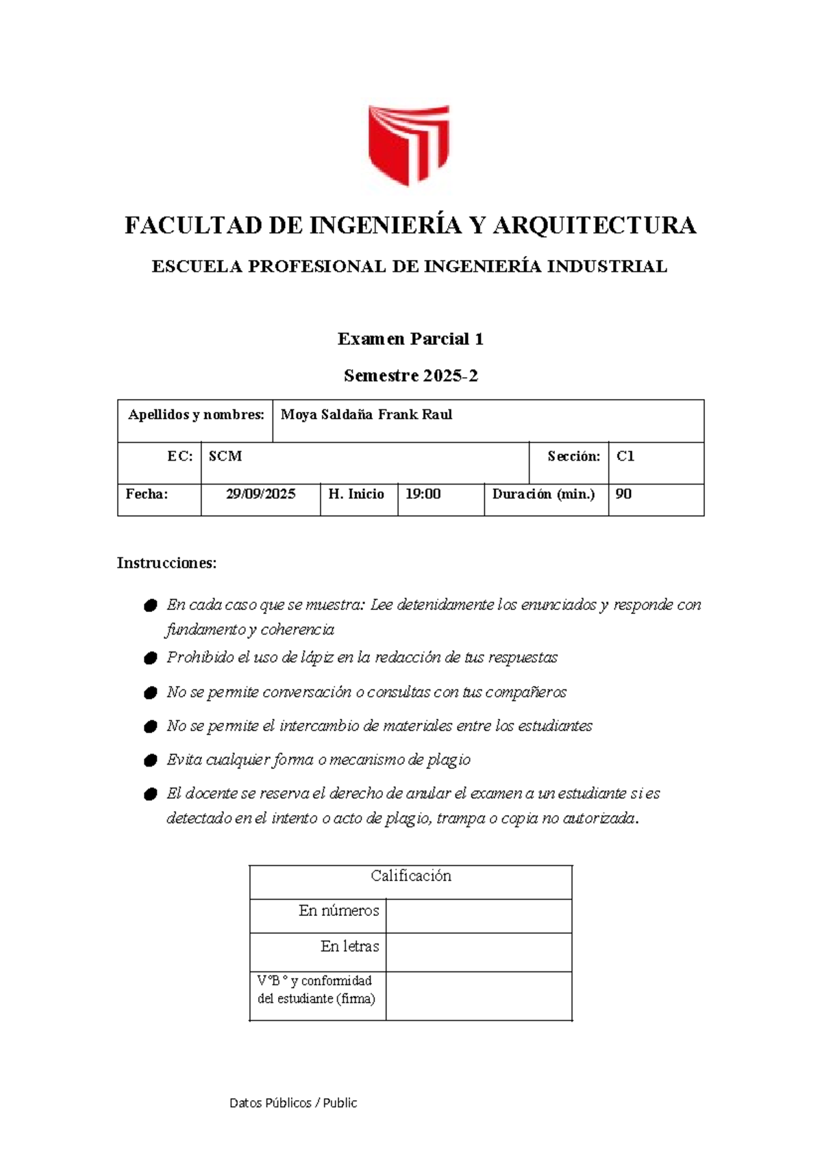 Examen Parcial 1 - Ingeniería Industrial EC: SCM 2025 - Studocu