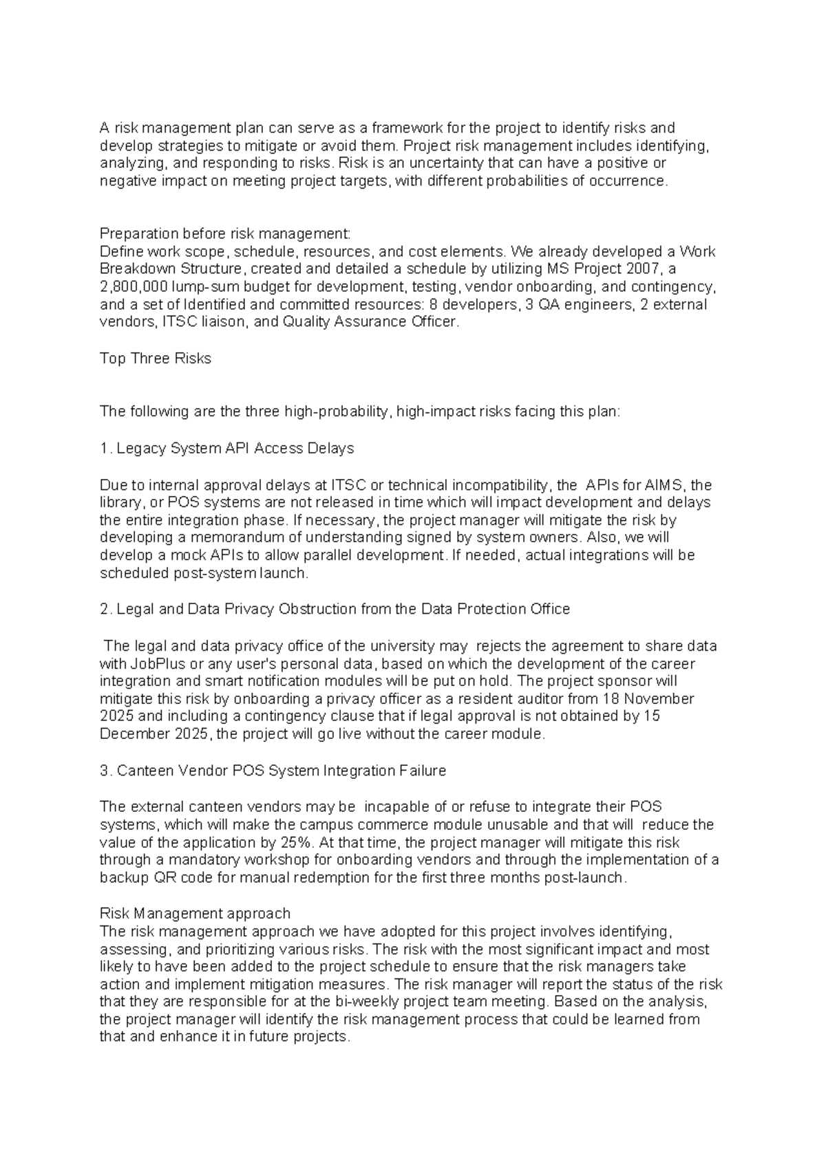 Risk Management Plan for Project: Identifying and Mitigating Key Risks ...