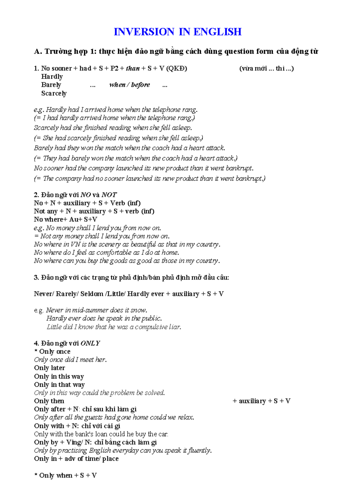 Inversion-FORM - INVERSION IN ENGLISH A. Trường hợp 1: thực hiện đảo ...