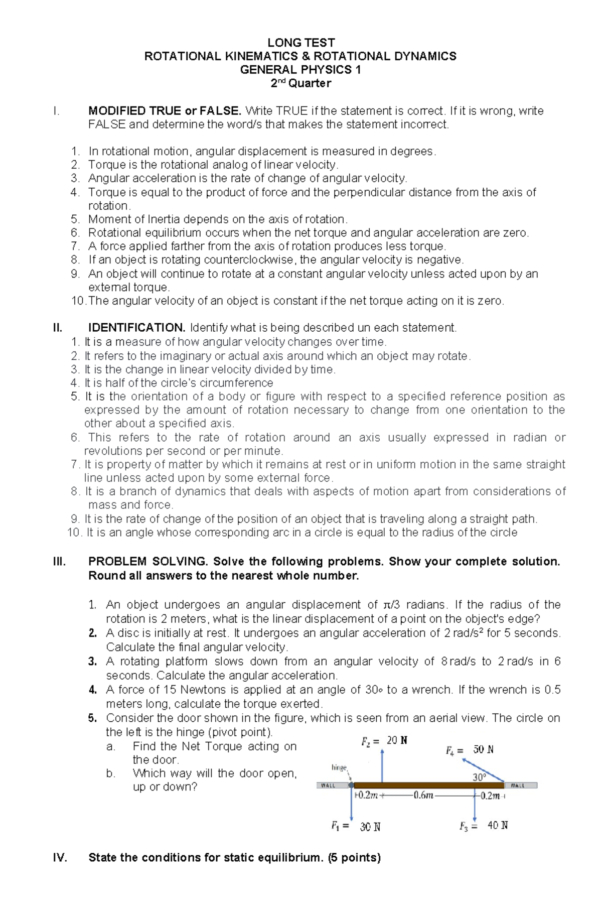 LONG TEST Rotational Kinematics Dynamics - LONG TEST ROTATIONAL ...