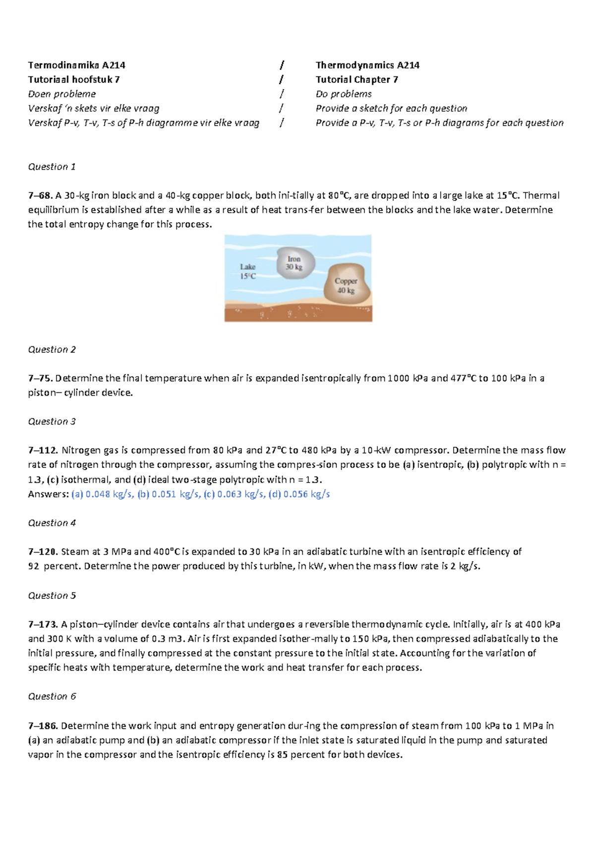 TH214 Tutorial 8 - Termodinamika A214 / Thermodynamics A Tutoriaal hoofstuk 7 / Tutorial Chapter ...