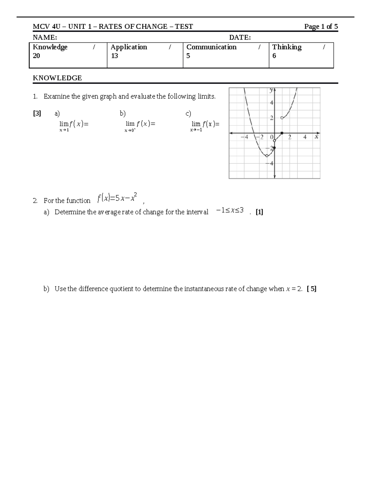 MCV4U Unit 1 Rates of Change Practice Quiz - Studocu