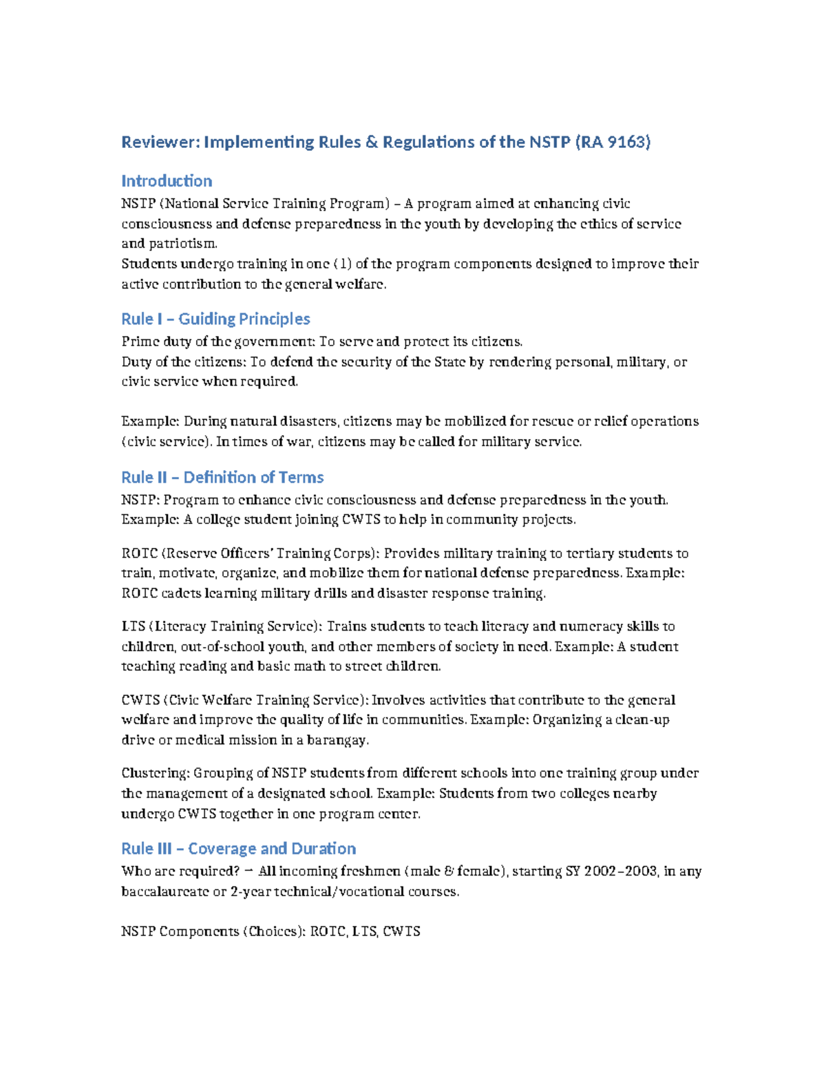 NSTP Reviewer: Implementing Rules & Regulations (RA 9163) - Studocu