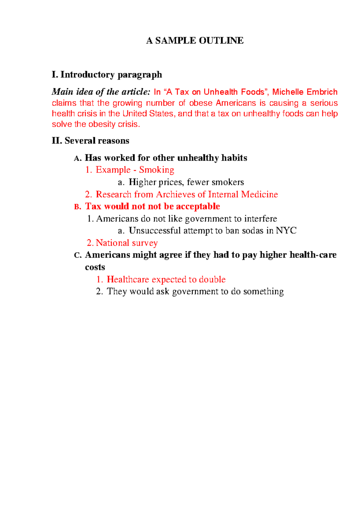 Rhetoric and Composition 1 - Outline on Taxing Unhealthy Foods - Studocu