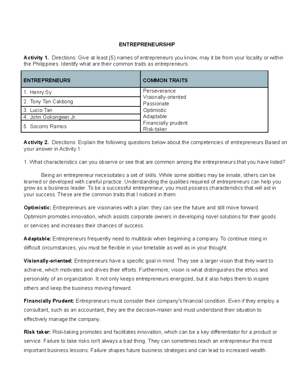Entrepreneurship Traits: Insights from Activity 1 for BUS 101 - Studocu