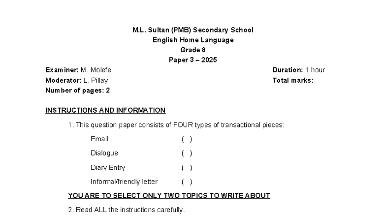 M.L. Sultan (PMB) Grade 8 English Home Language Paper 3 2025 - Studocu