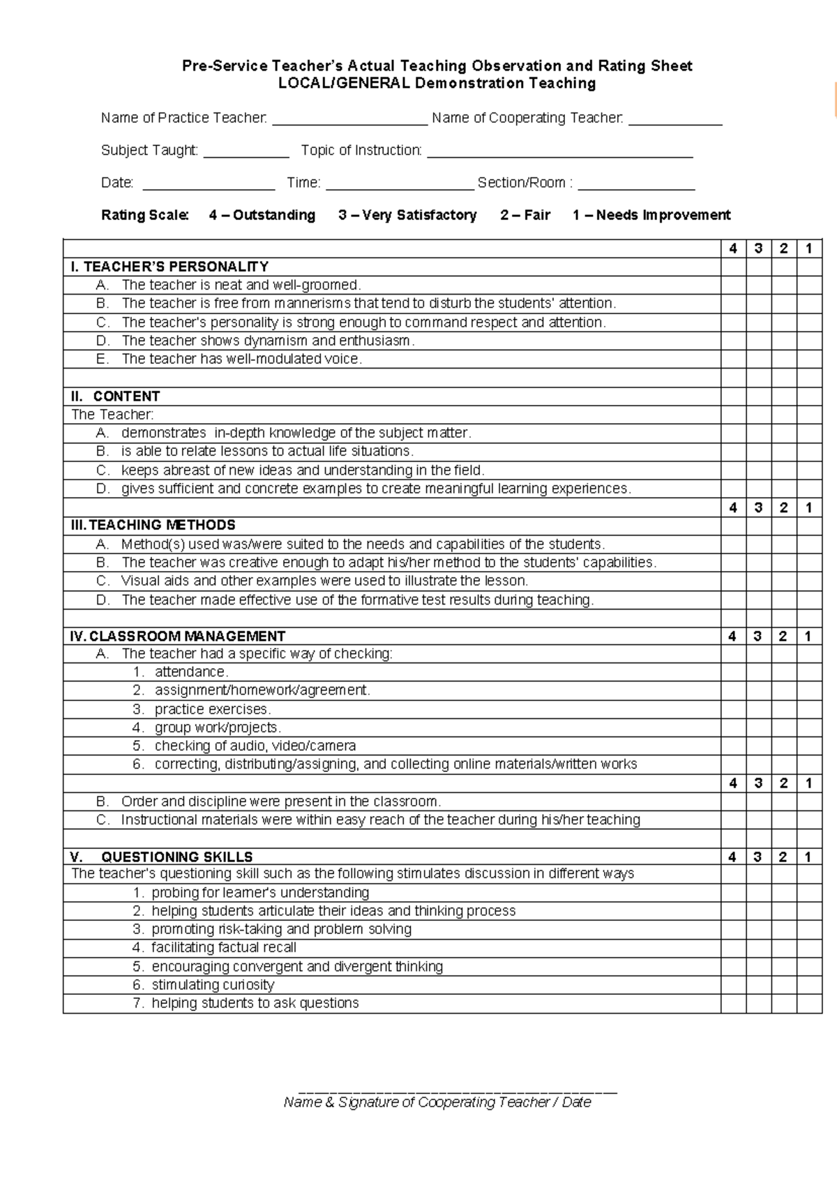 Teaching Observation Rating Sheet for Demo Teaching - Studocu