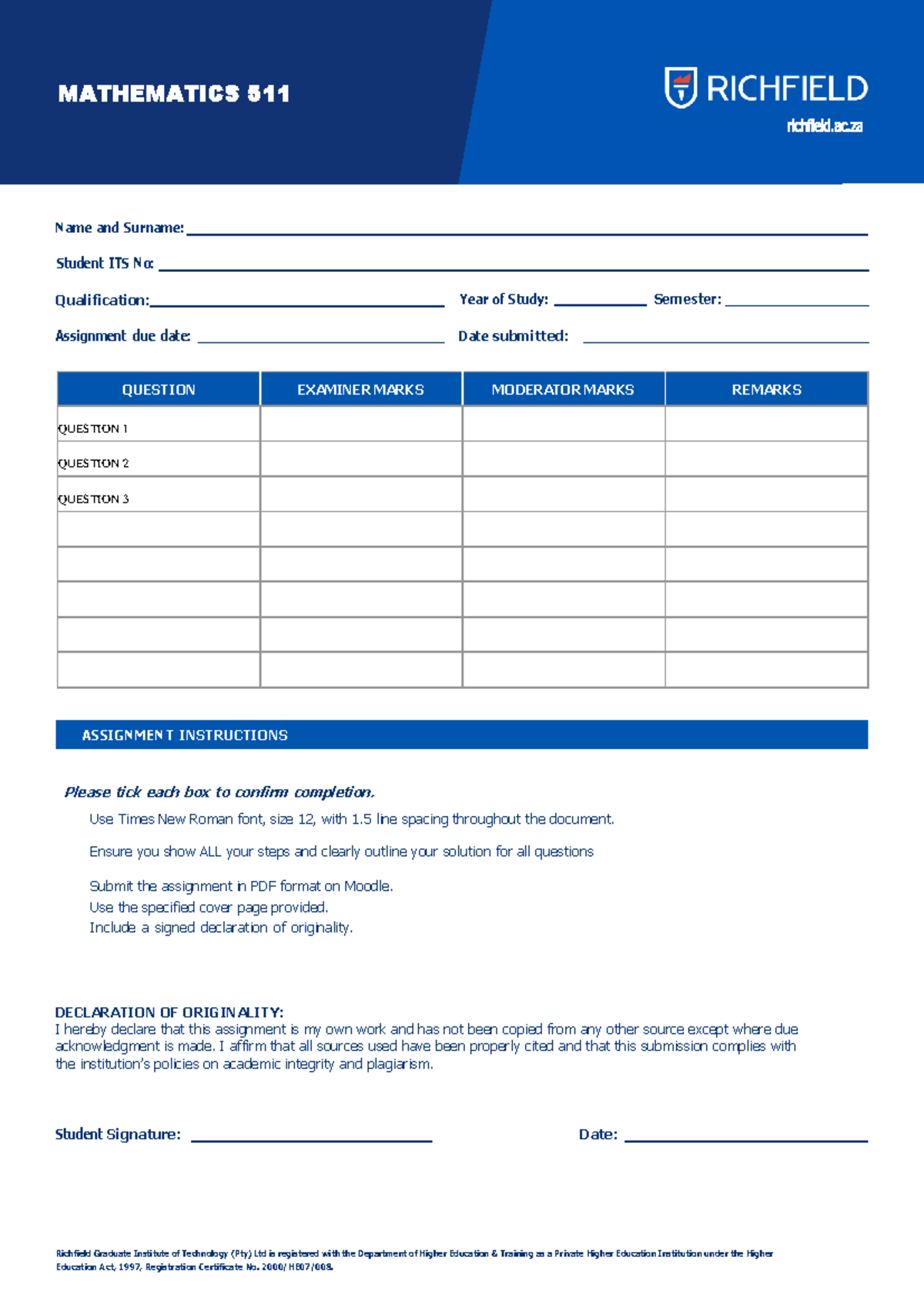 Maths 511 Assignment: Solutions and Guidelines for Submission - Studocu