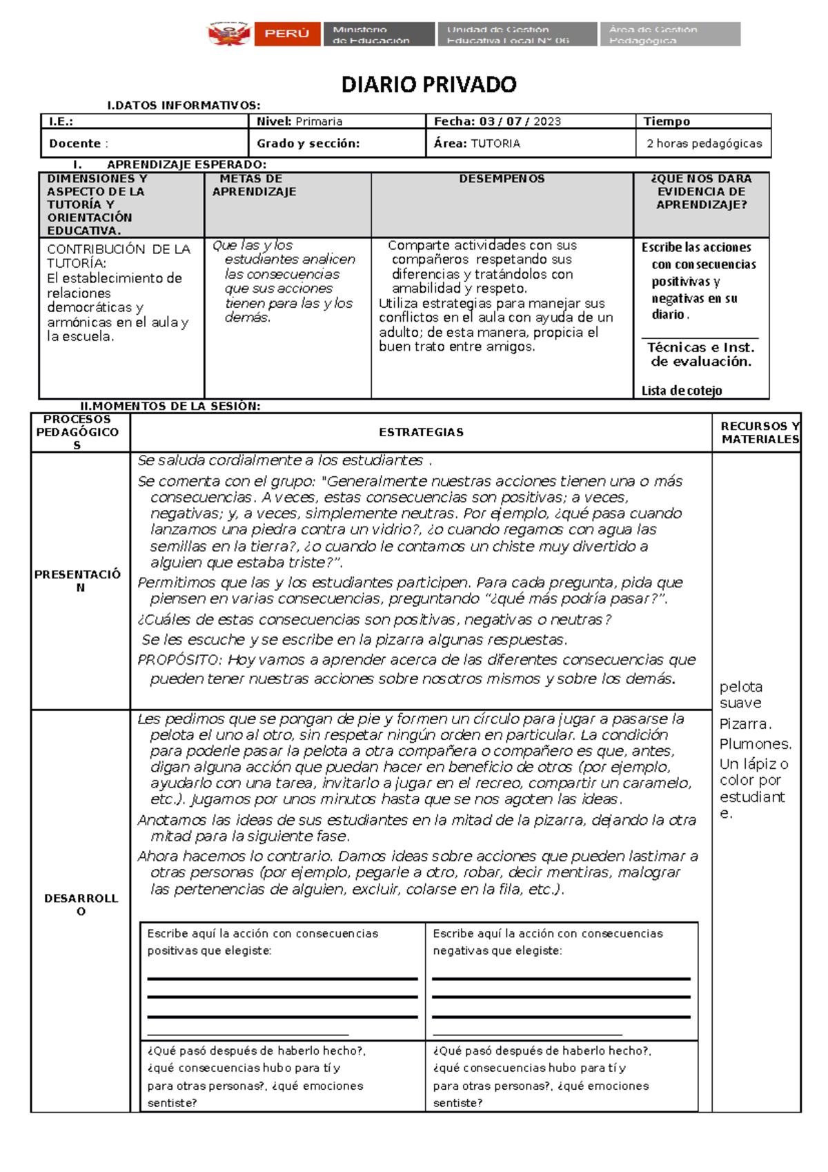Tutoría Diario Privado - DIARIO PRIVADO I INFORMATIVOS: I.: Nivel ...
