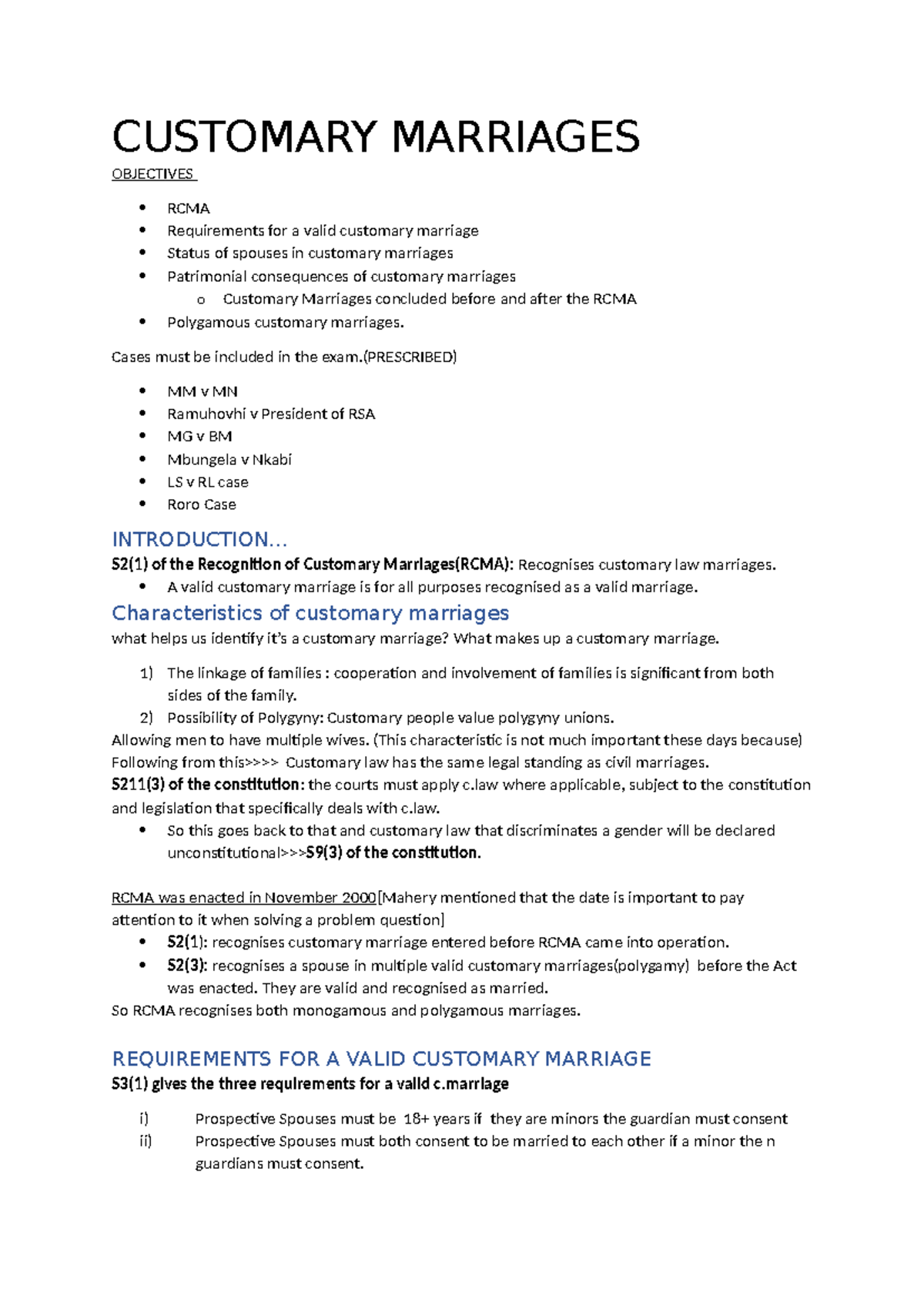 Customary Marriages Notes: Key Insights on RCMA and Case Studies - Studocu