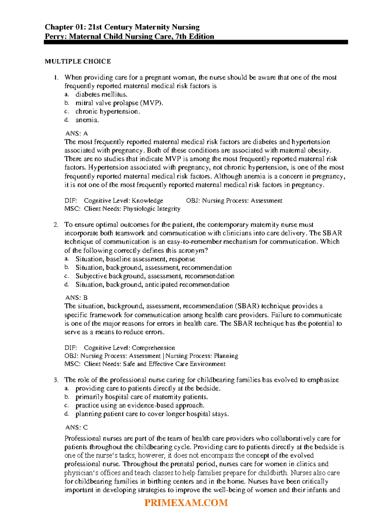 Chapter 01: Maternal Newborn Nursing Insights and Key MCQs (Course Code ...