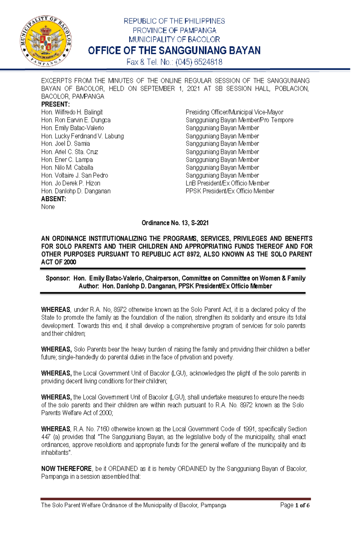 Ordinance NO 13, S-2021: Institutionalizing Benefits for Solo Parents ...