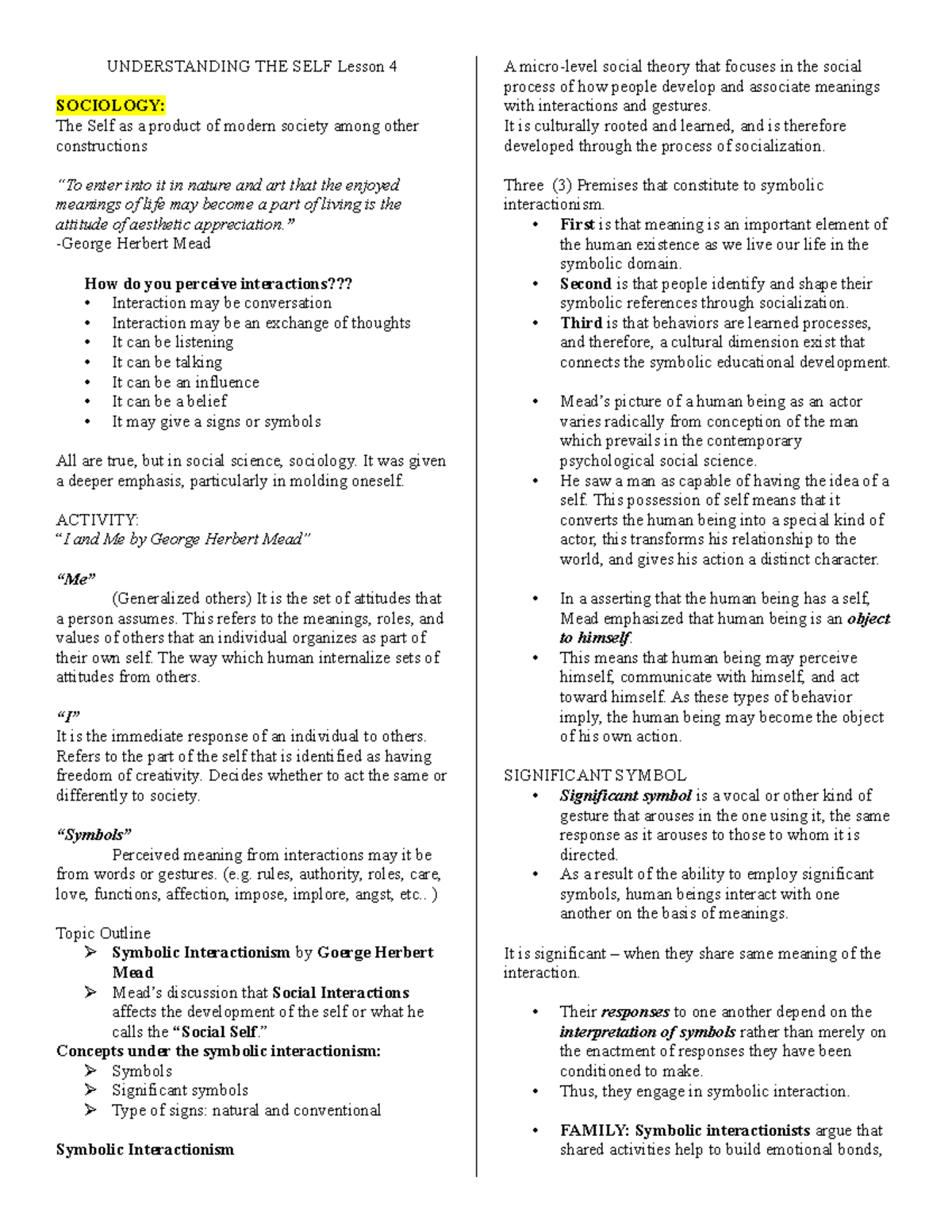 UTS - Sociology Lesson 4 - UNDERSTANDING THE SELF Lesson 4 SOCIOLOGY: The Self as a product of ...