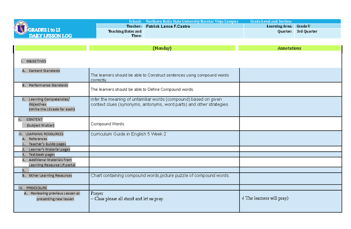 Detailed Lesson Plan in English 5 (Grade V) - Week 2 - Studocu