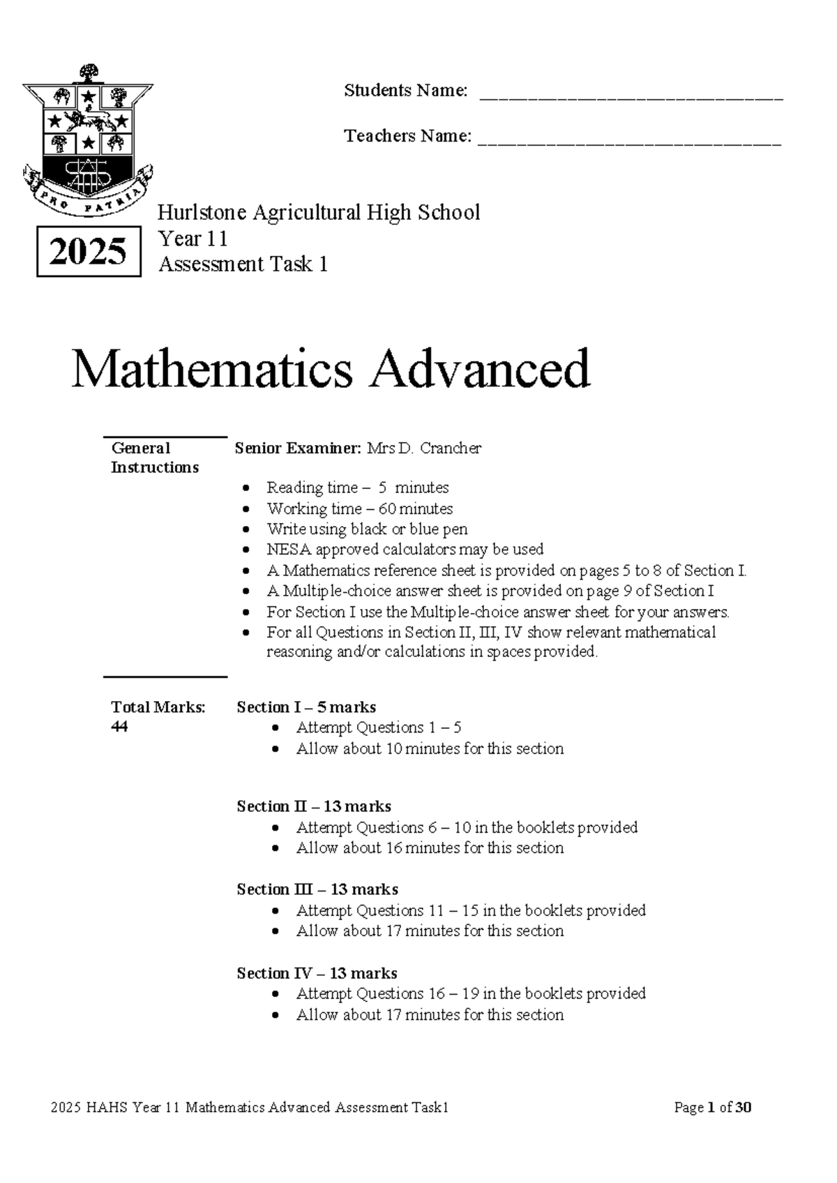 2025 HAHS Year 11 Mathematics Advanced Assessment Task 1 - Studocu