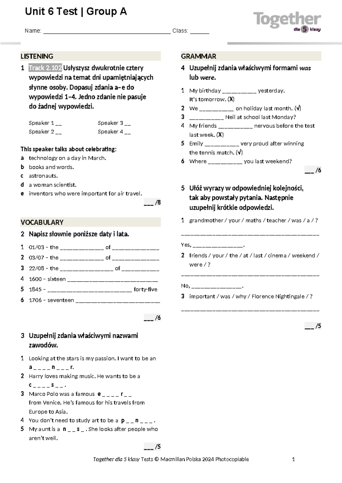 Together kl5 U6 Unit Test: Listening & Grammar Activities - Studocu
