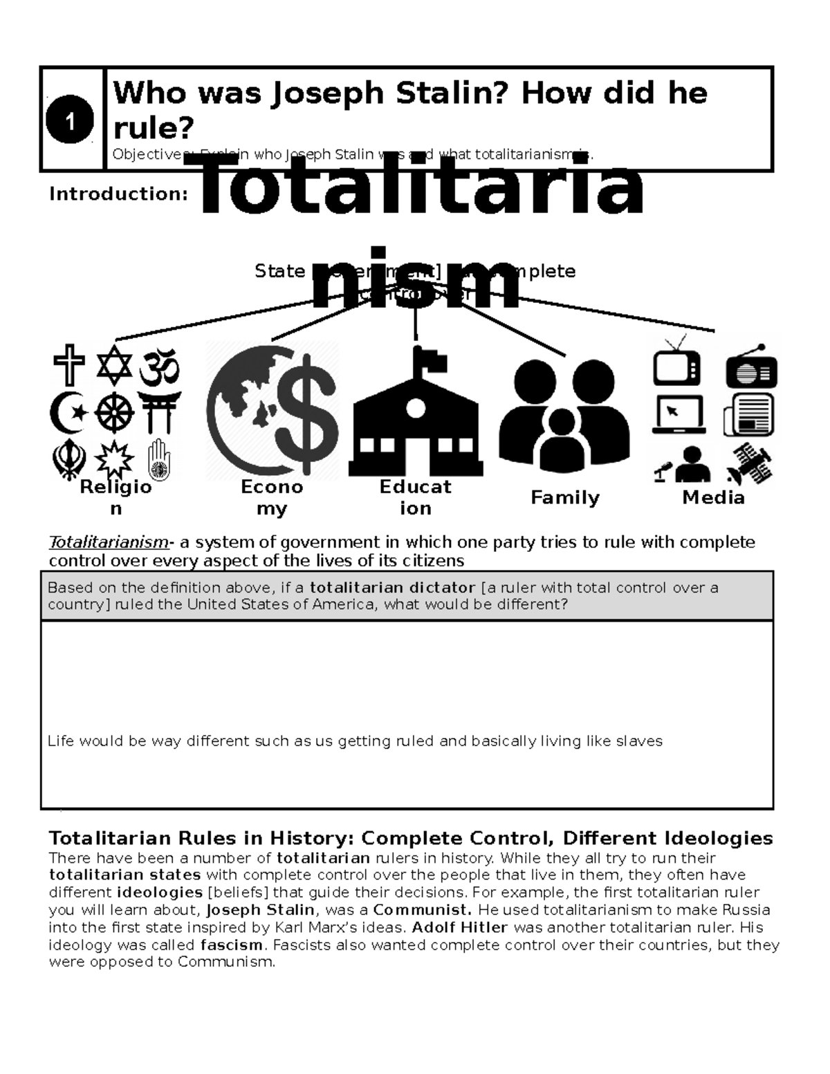 Totalitarianism Worksheet - Who was Joseph Stalin? How did he rule ...