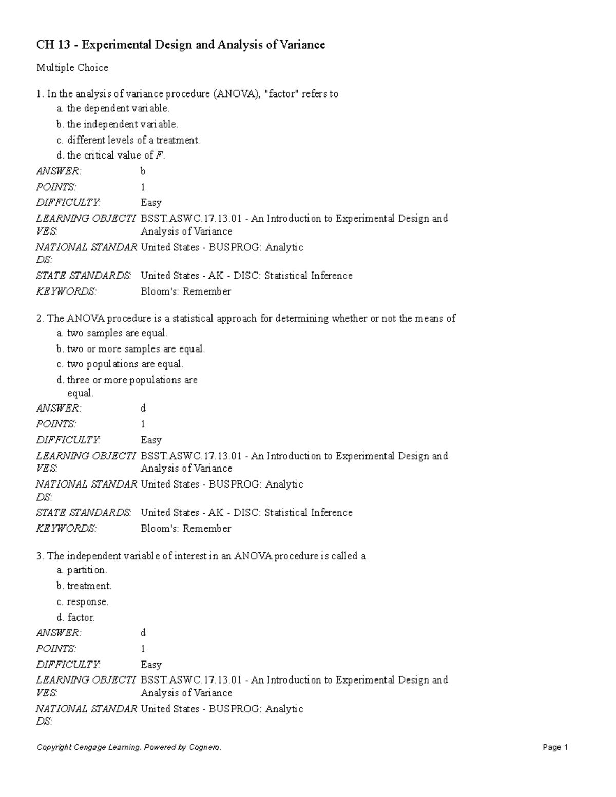 CH 13 Midterm Review: Experimental Design & Analysis of Variance - Studocu