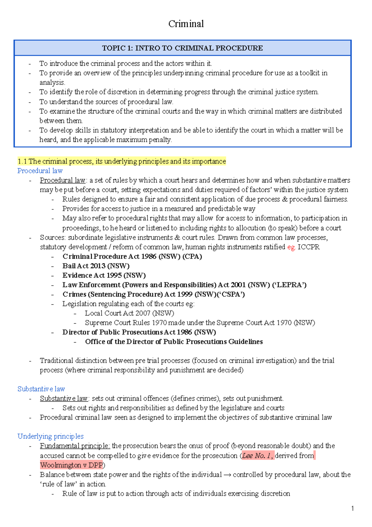 LAWS1014 Criminal Procedure - Criminal TOPIC 1: INTRO TO CRIMINAL ...