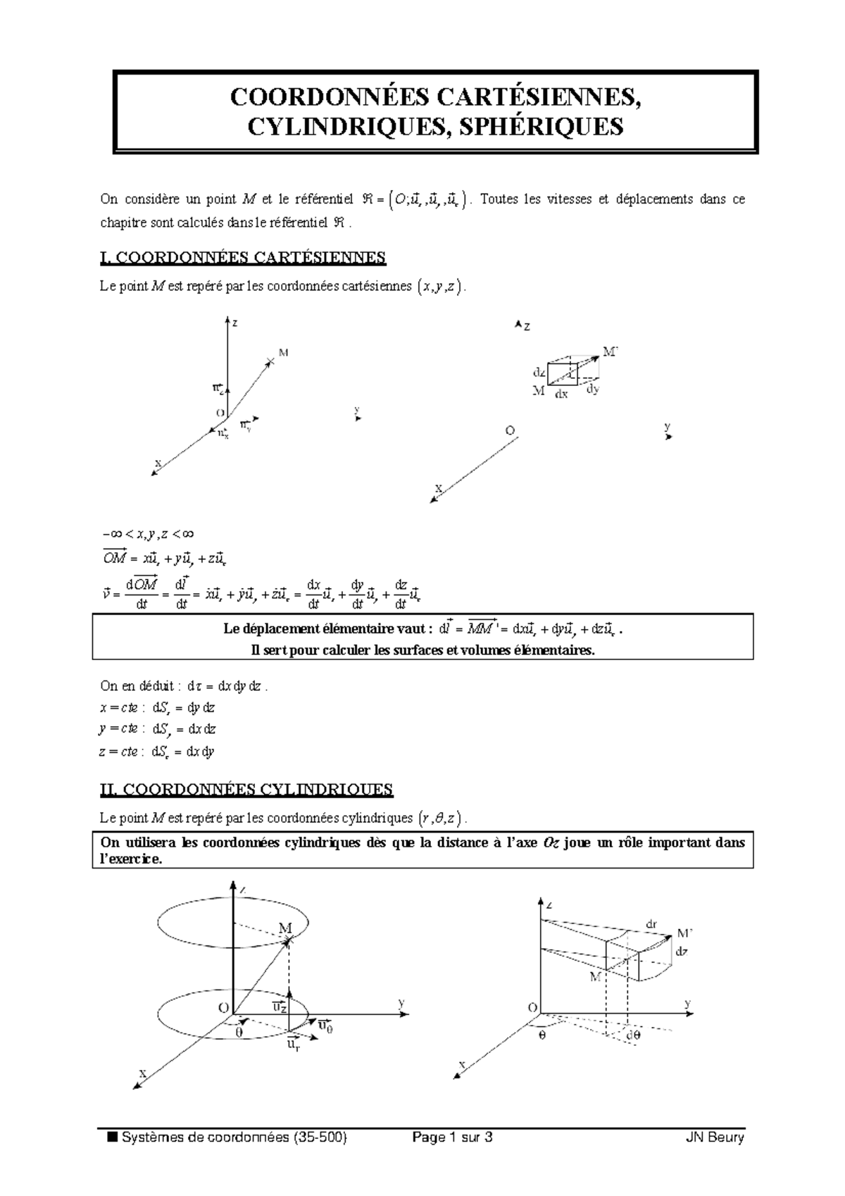 35-500 Rappel sur les Coordonnées Cartésiennes, Cylindriques et ...
