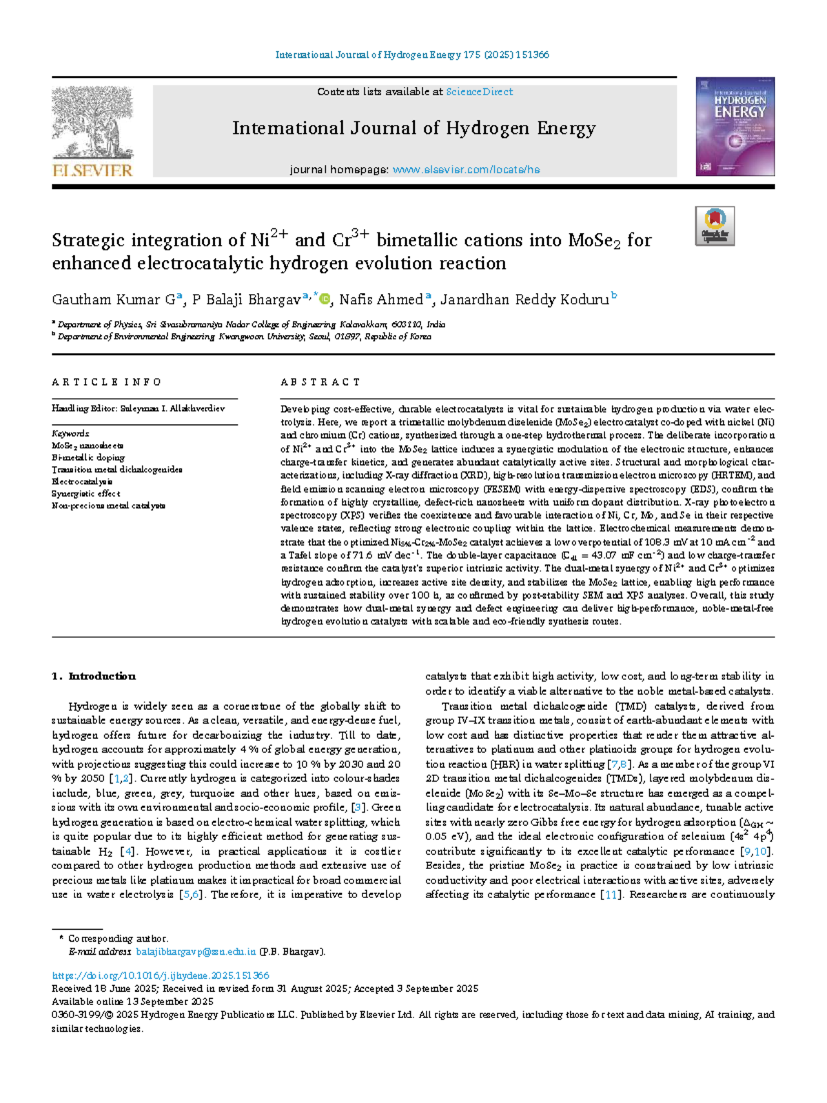 Strategic Integration of Ni2+ and Cr3+ into MoSe2 for Enhanced HER ...