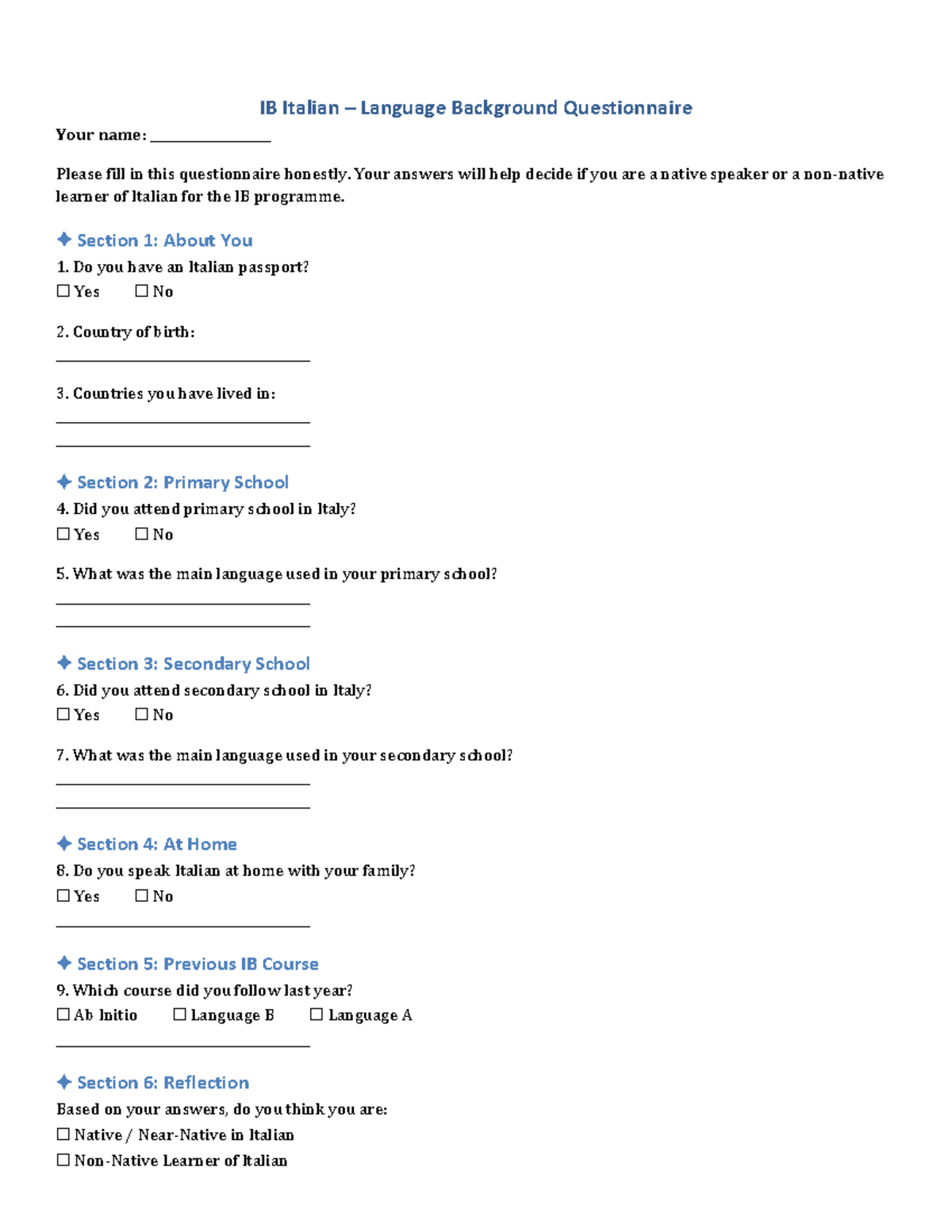 IB Italian Language Placement Questionnaire - Studocu