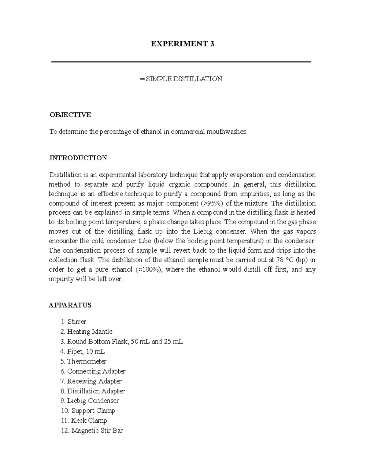 CHM258 E3 - Lab Manual: Simple Distillation of Ethanol in Mouthwash ...