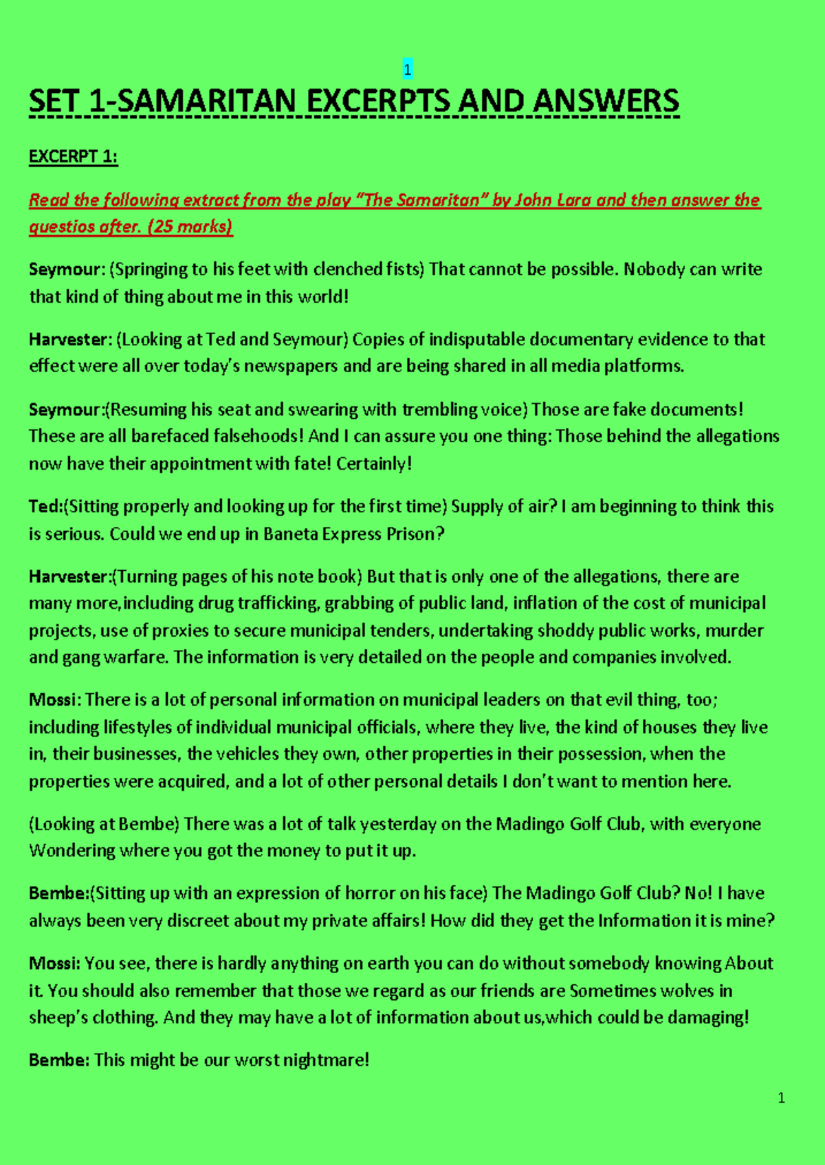 **Set 1: Excerpts and Answers for The Samaritan Play Analysis (ENG 101 ...