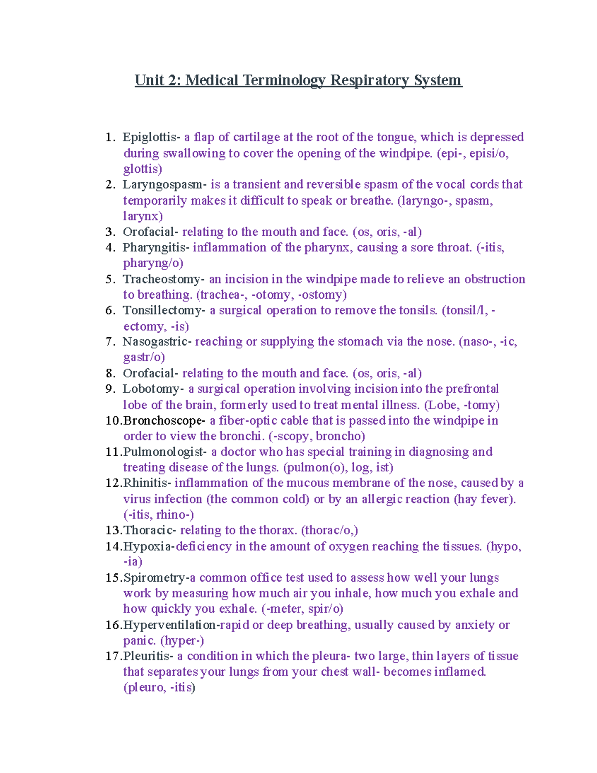 Unit 2 respiratory system done - Unit 2: Medical Terminology ...