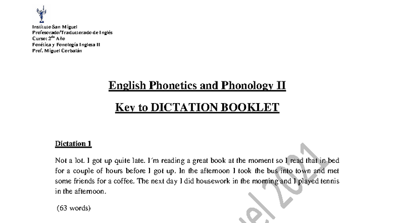 Key to Dictation Booklet - Phonetics II (2do Año) 2021 - Studocu