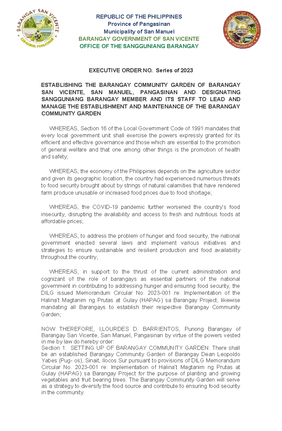 EO 2023- Establishment of Barangay Community Garden in San Vicente ...