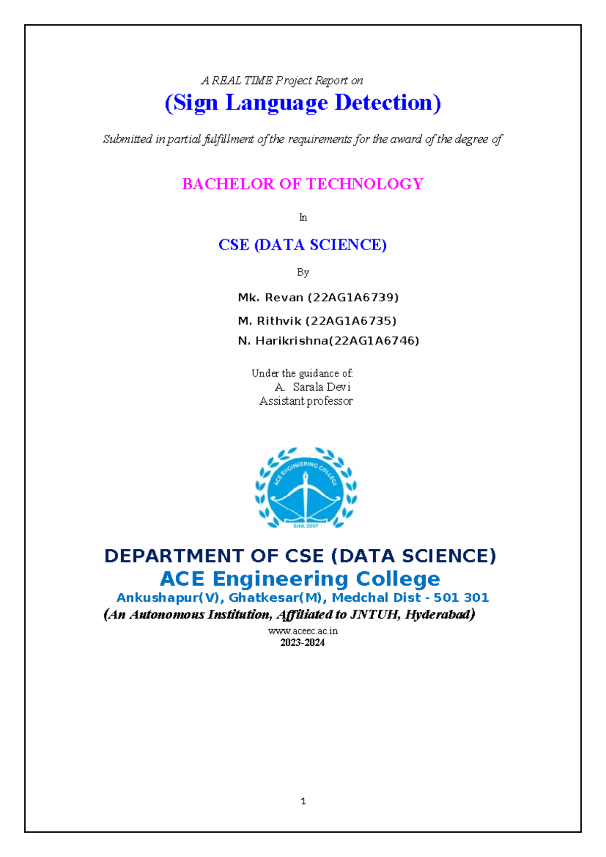 Real-Time Sign Language Detection Project Report - CSE B.Tech - Studocu