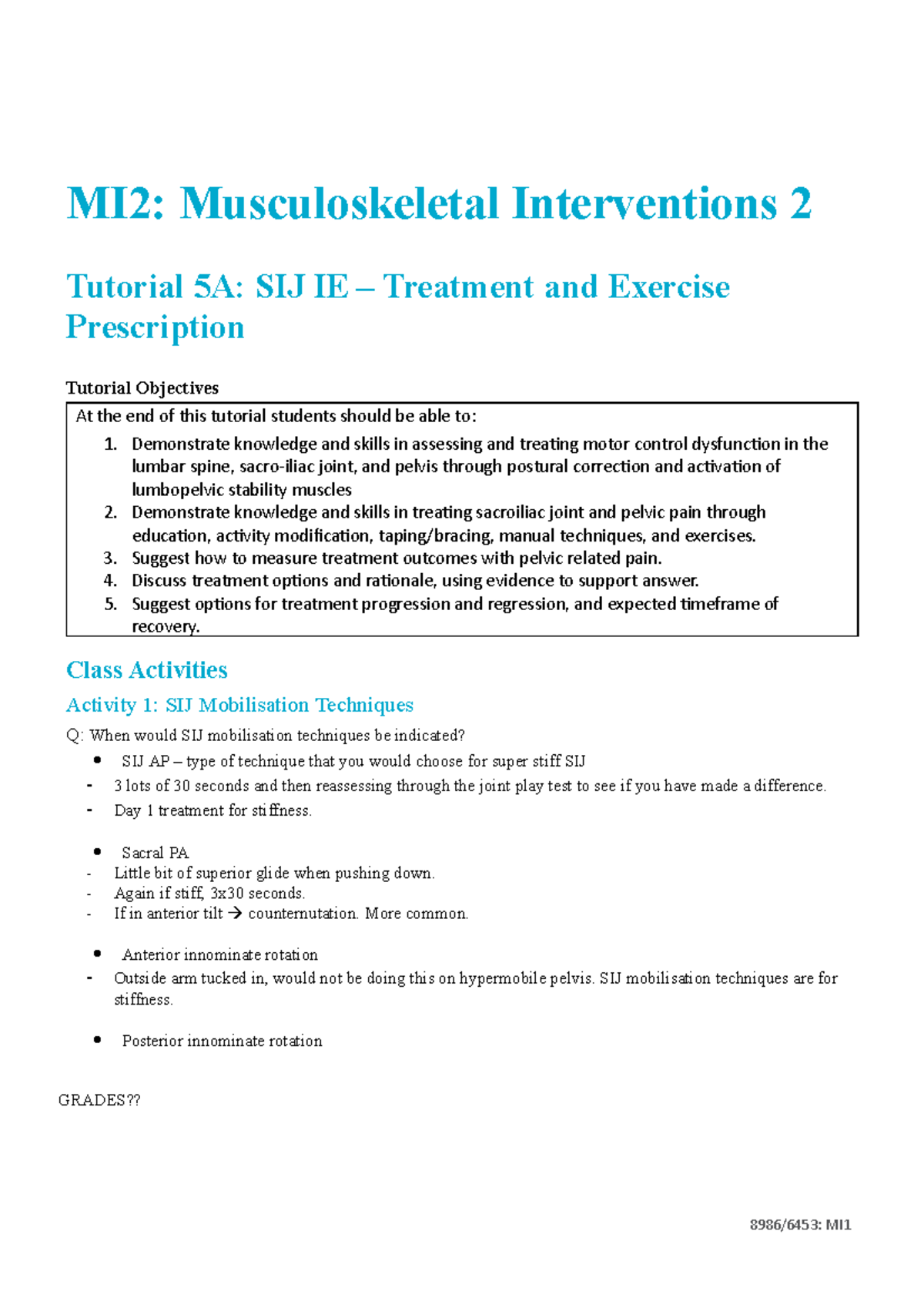 MI2 Week 5 Practical 5A: SIJ Mobilisation and Exercise Techniques - Studocu