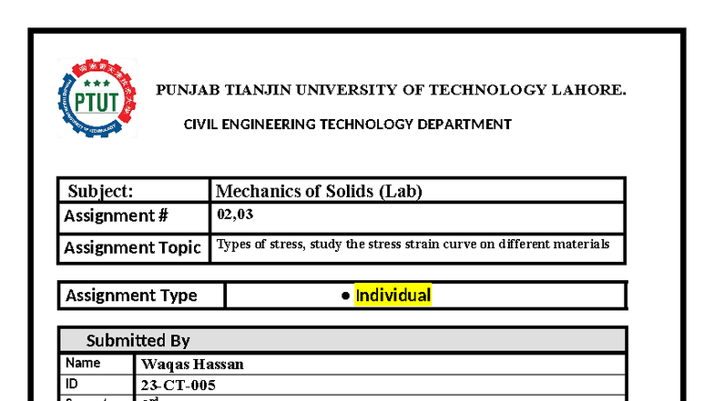 Assignment on Types of Stress and Stress-Strain Curve - MECH 202 - Studocu
