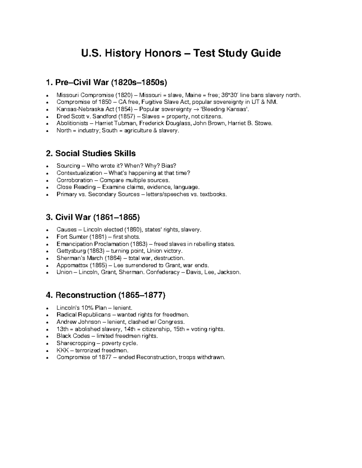 US History Honors Study Guide 2: Key Events & Concepts - Studocu