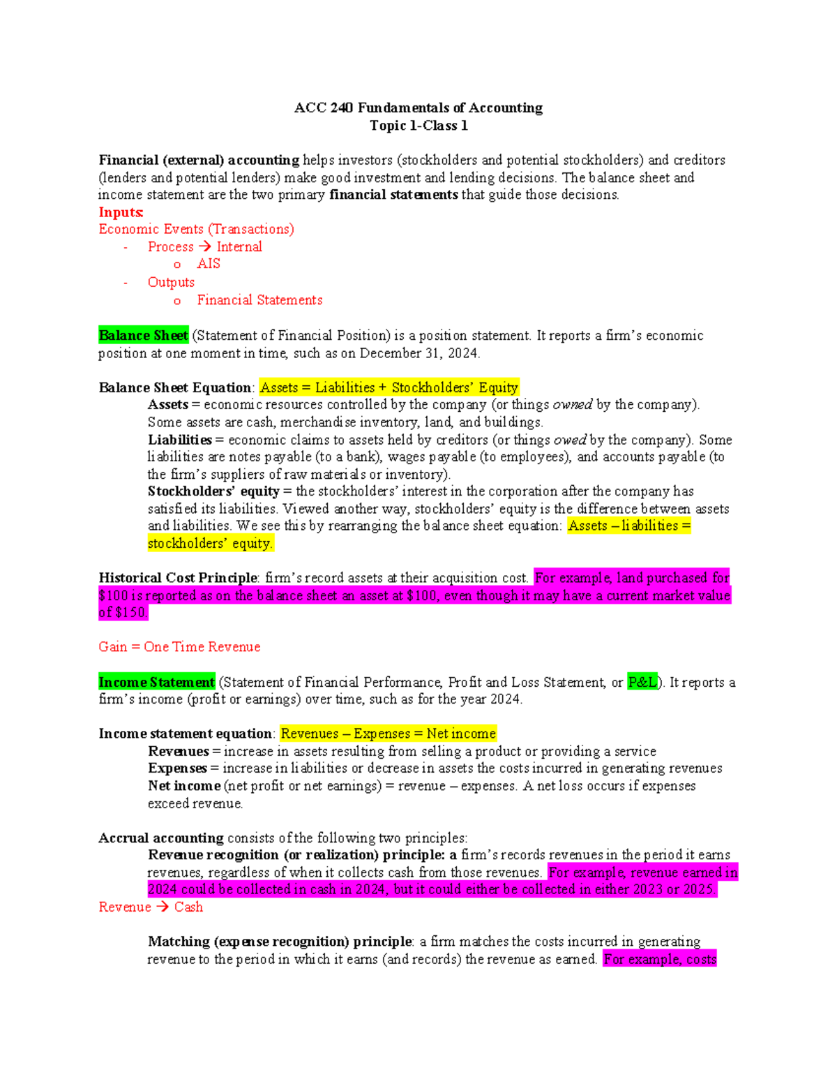 ACC-240 Topic 1 Class 1 - ACC 240 Fundamentals of Accounting Topic 1-Class 1 Financial (external ...