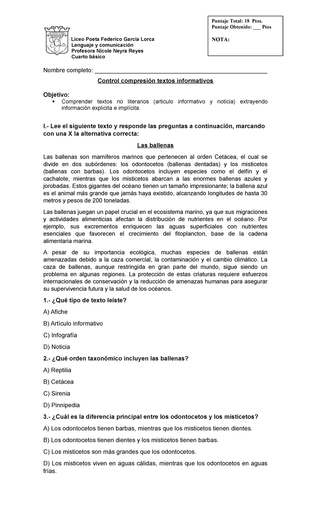 Prueba de Comprensión de Textos Informativos: Lenguaje y Comunicación 4 ...